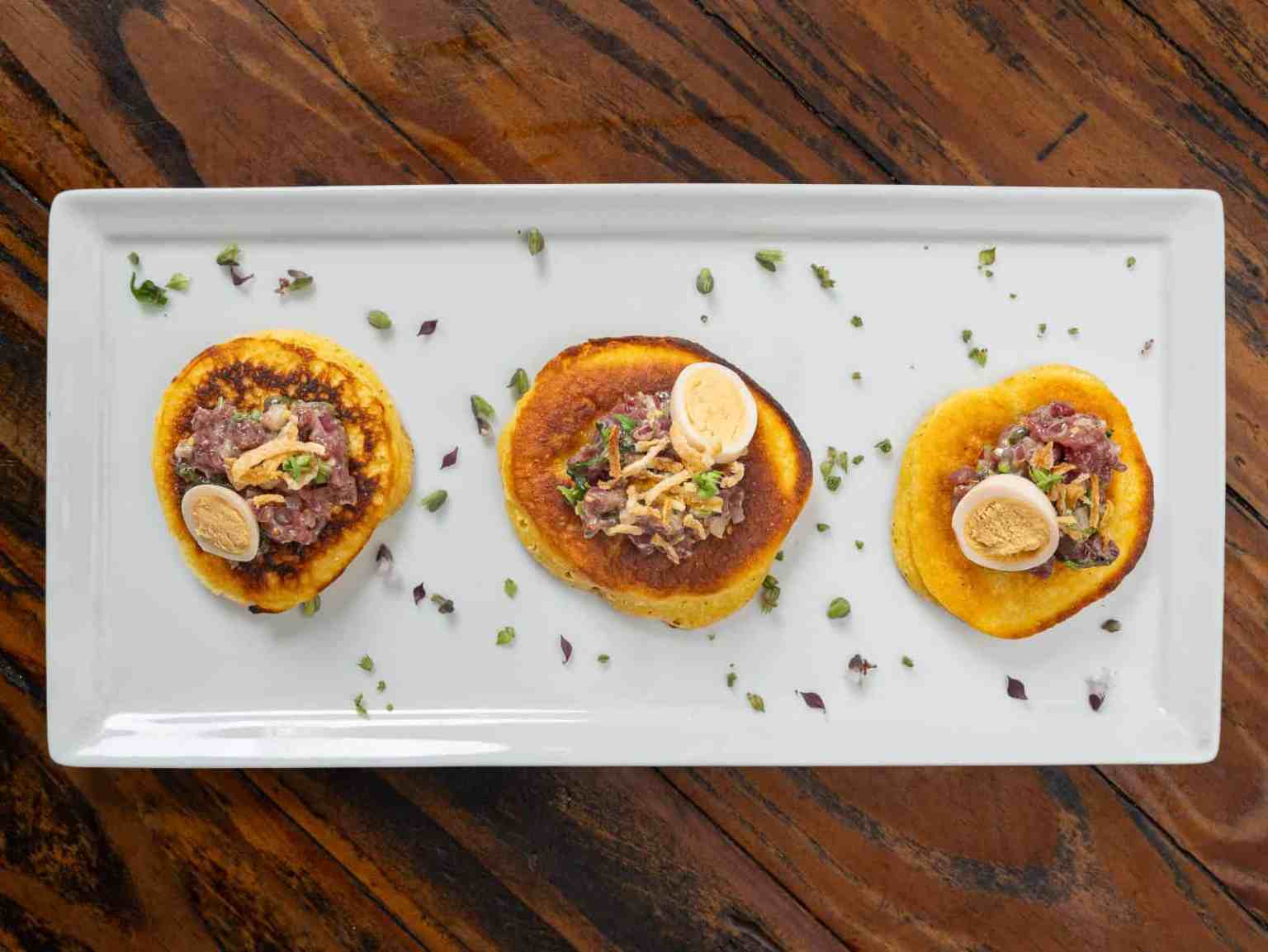 Venison Tartare Recipe with Johnny Cakes and Soft Boiled Eggs